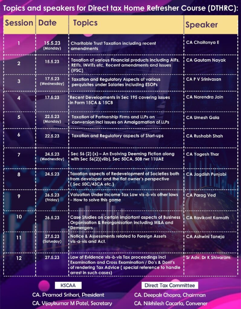 Direct Tax Home Refresher Course | 15th May to 27th May 2023 – KSCAA